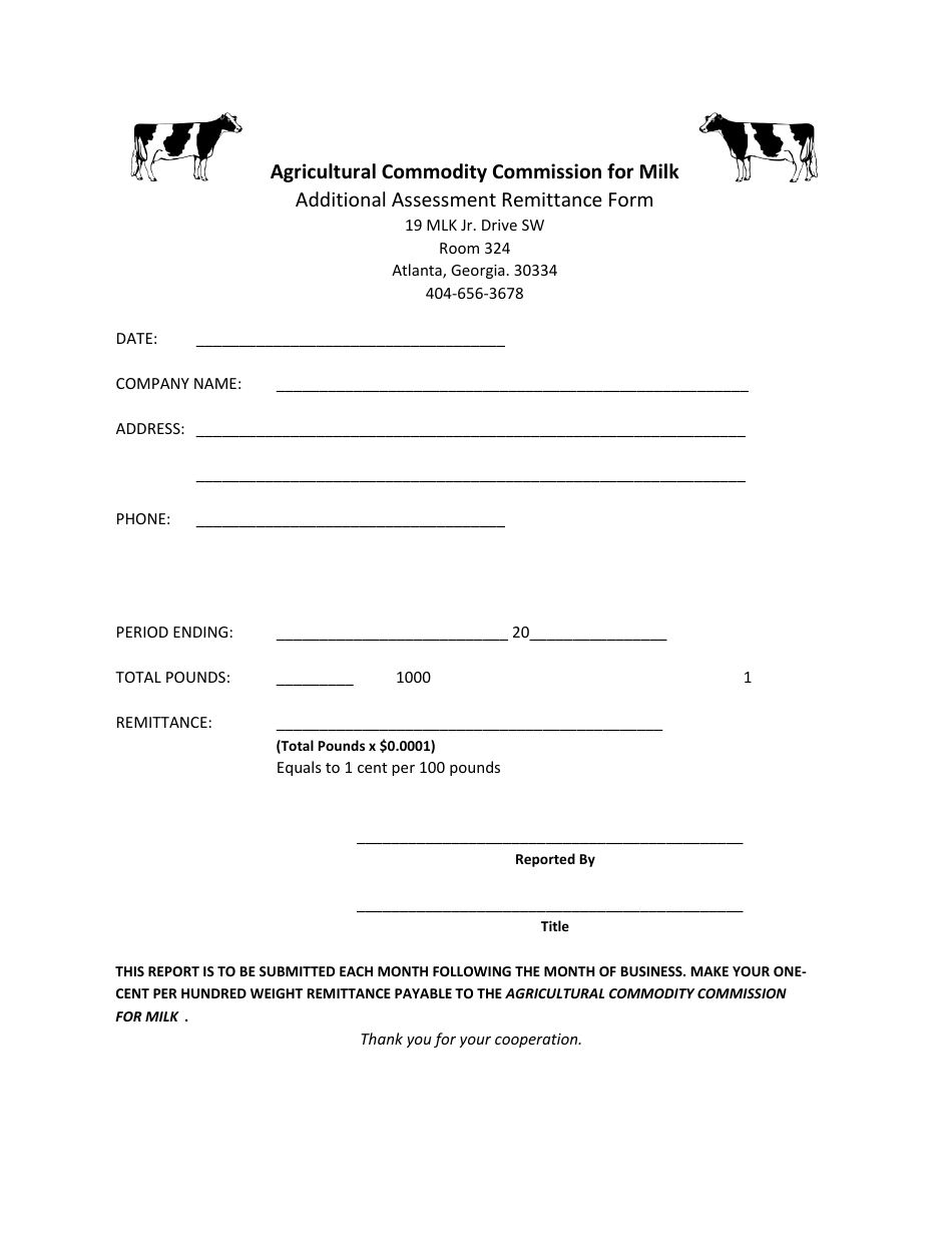 Georgia (United States) Milk Additional Assessment Remittance Form ...