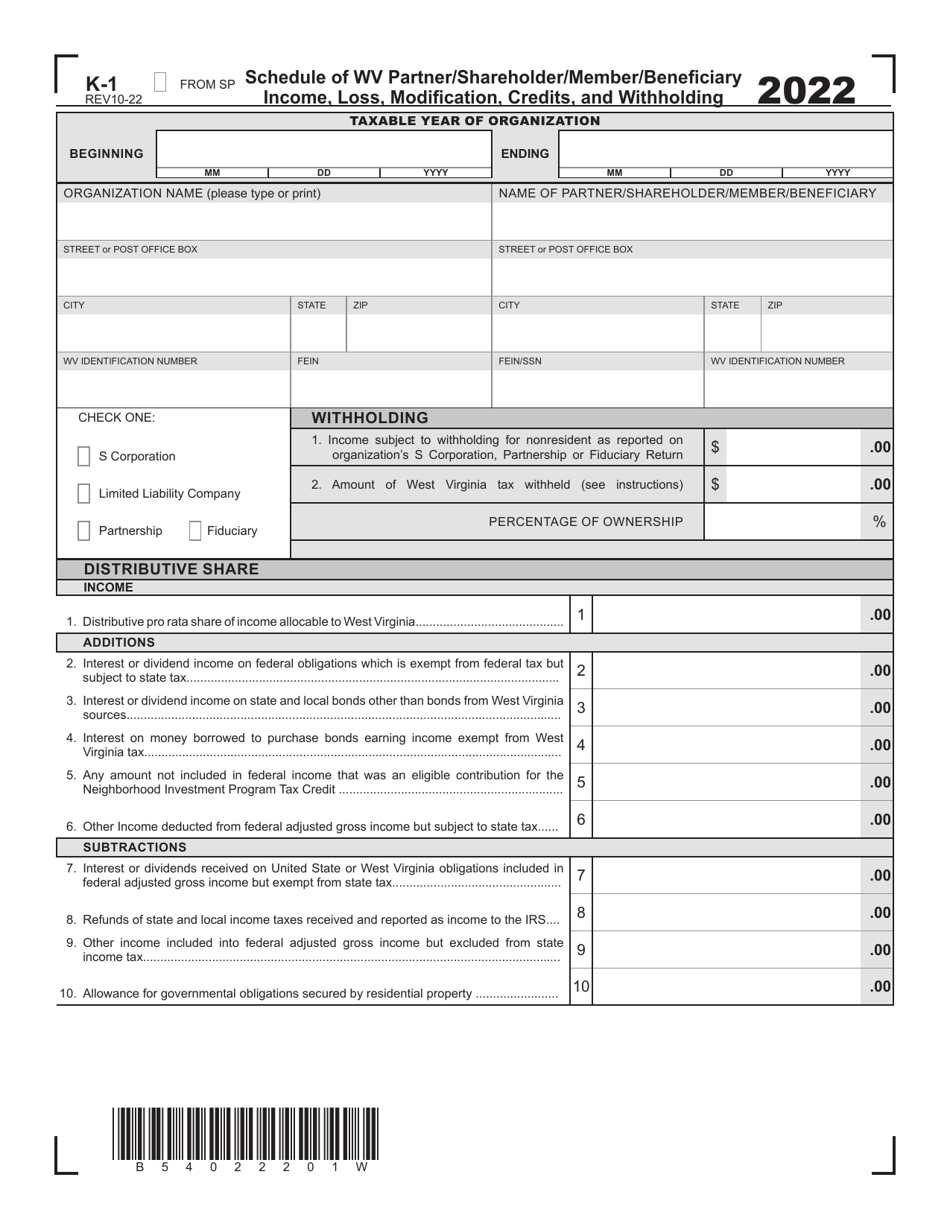 Form K-1 - 2022 - Fill Out, Sign Online and Download Printable PDF, West Virginia | Templateroller