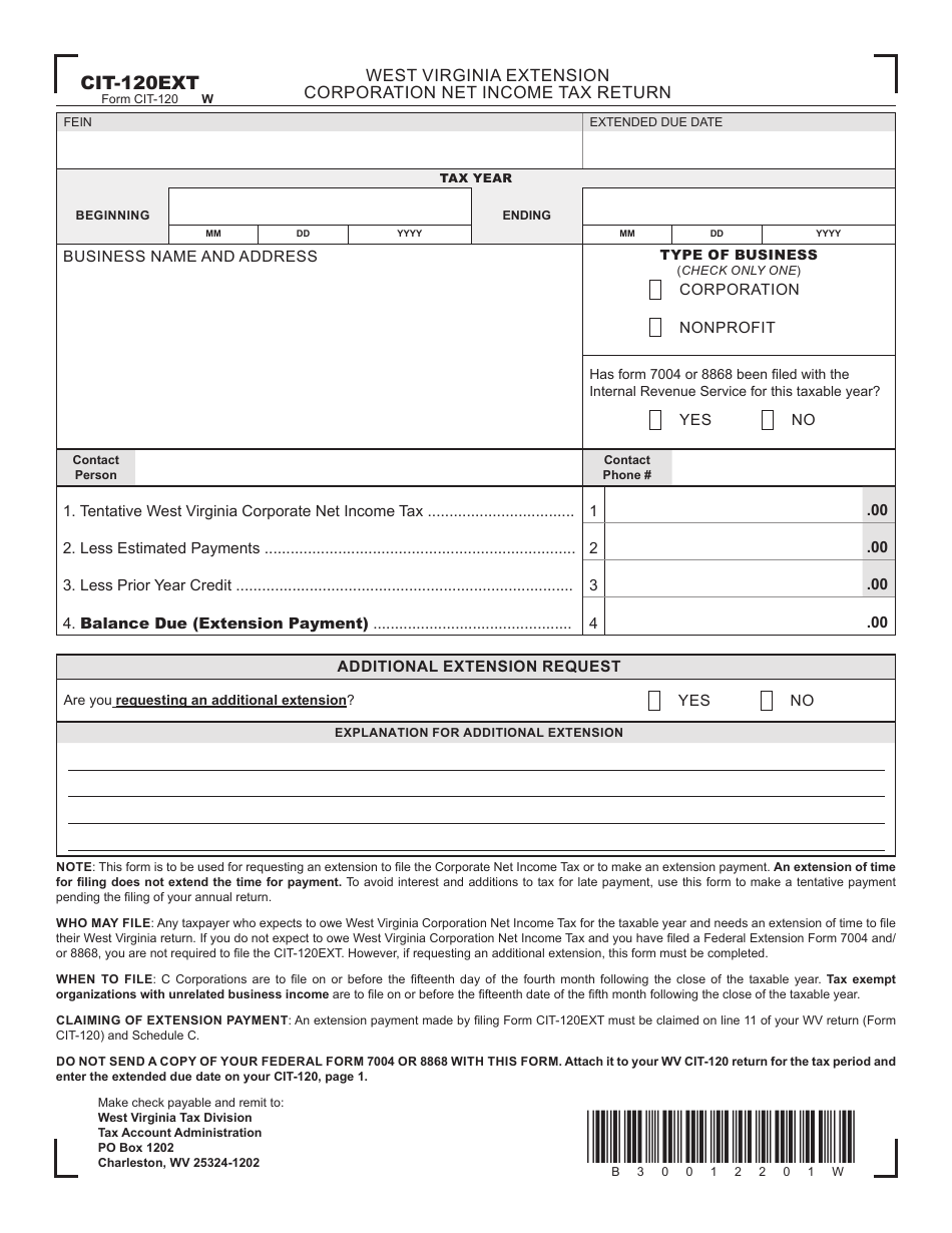Form CIT-120EXT Download Printable PDF or Fill Online West Virginia ...