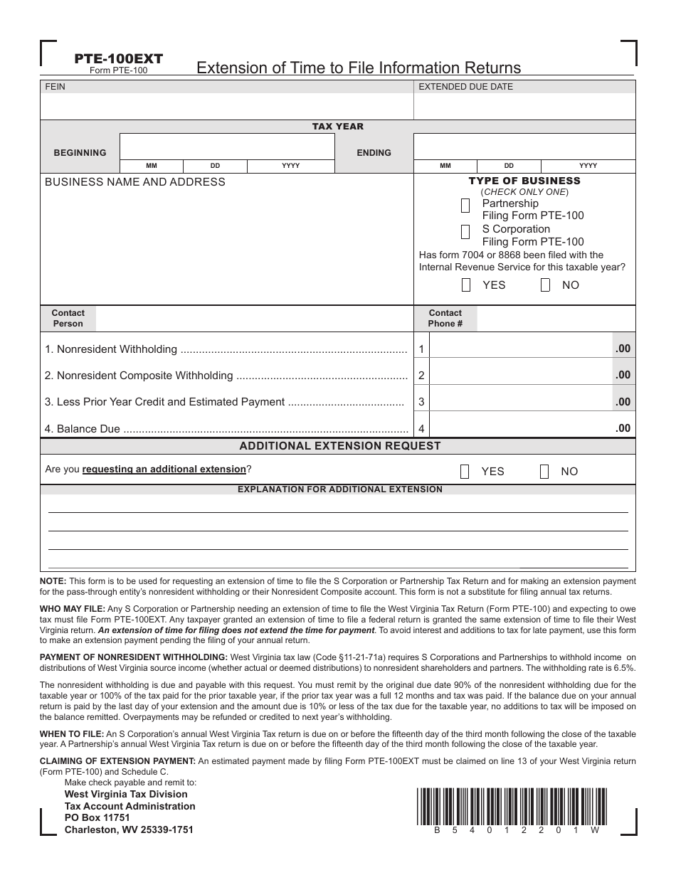 Form PTE-100EXT Download Printable PDF or Fill Online Extension of Time ...