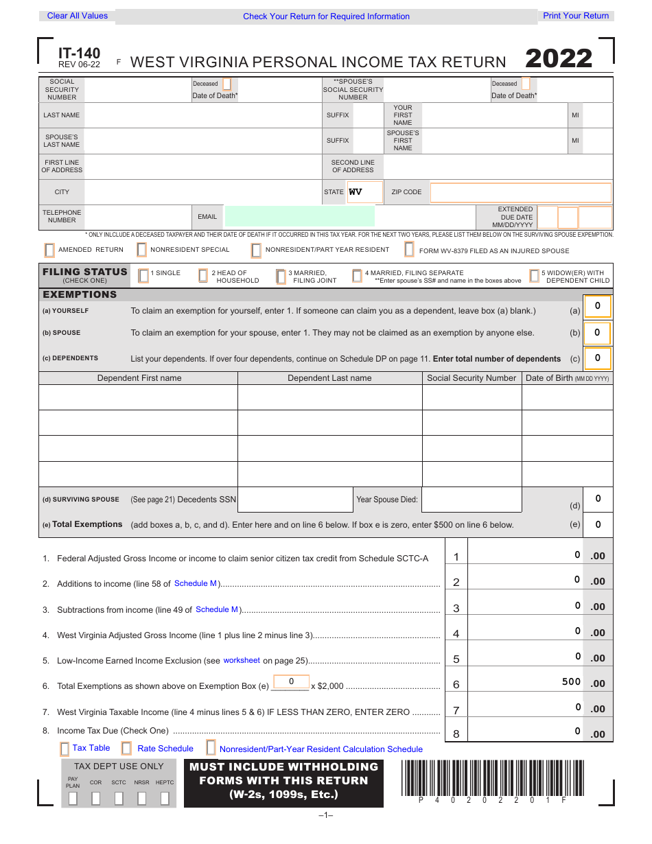 Form IT-140 Download Fillable PDF or Fill Online West Virginia Personal ...