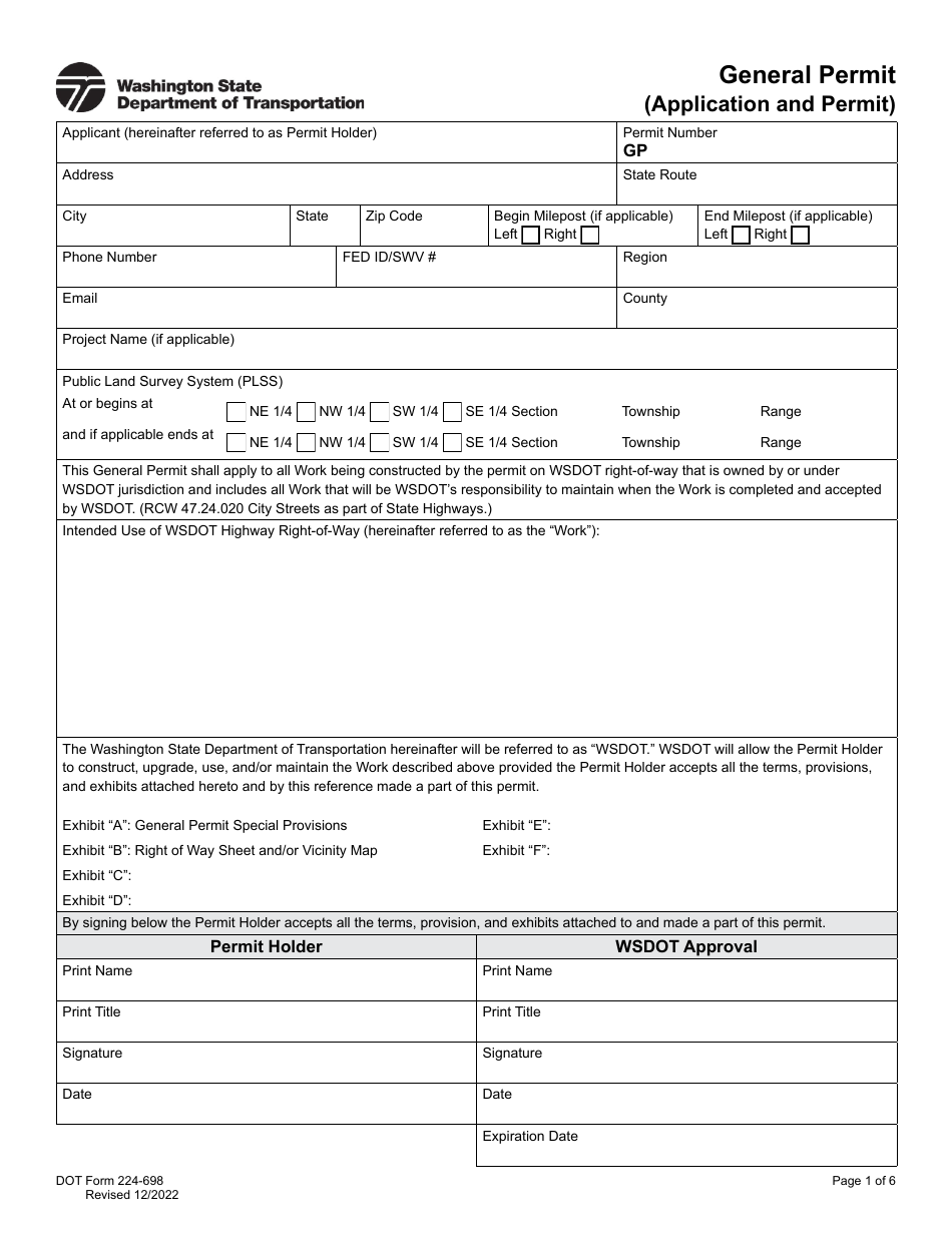 DOT Form 224-698 Download Fillable PDF or Fill Online General Permit ...