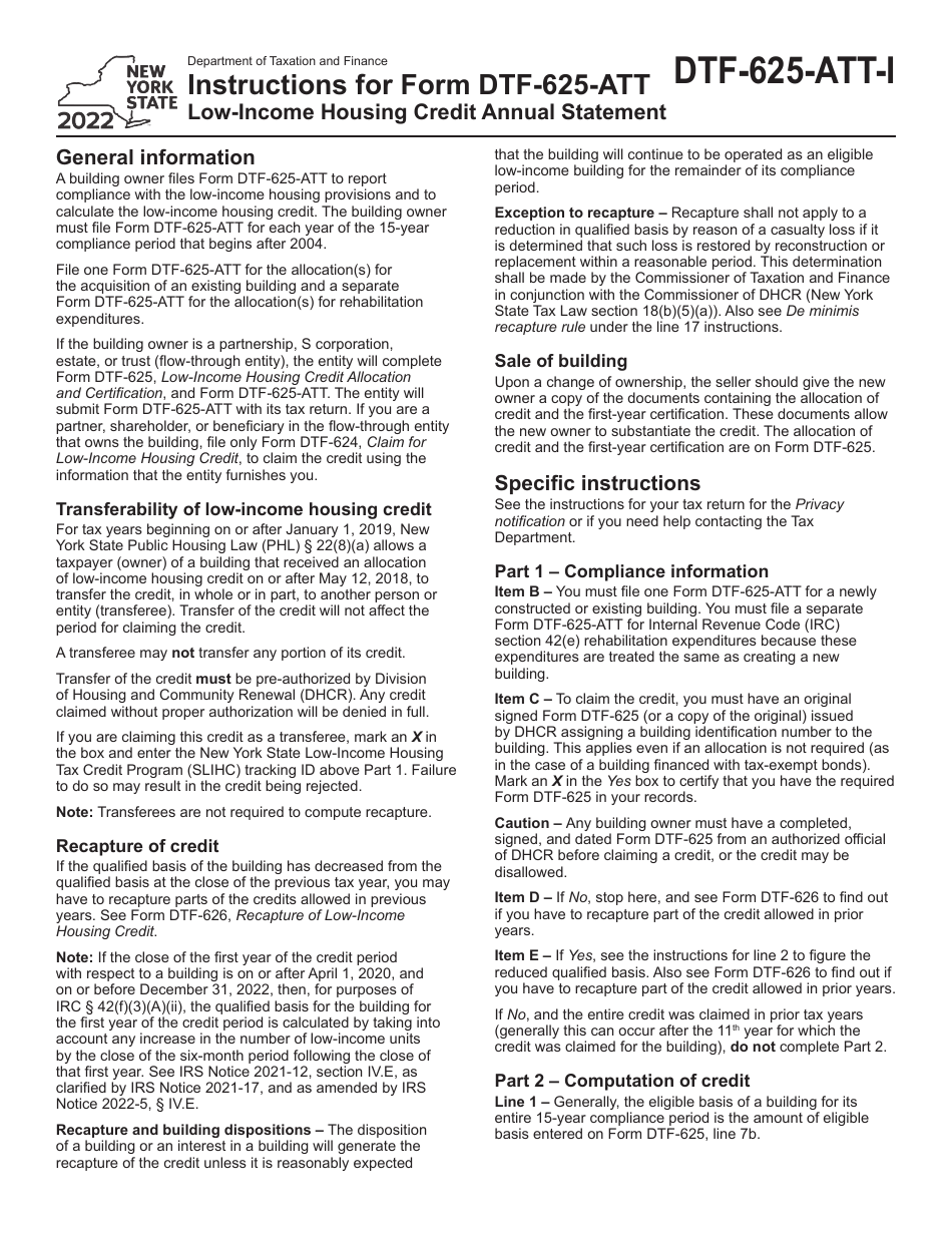 Download Instructions for Form DTF-625-ATT Low-Income Housing Credit ...