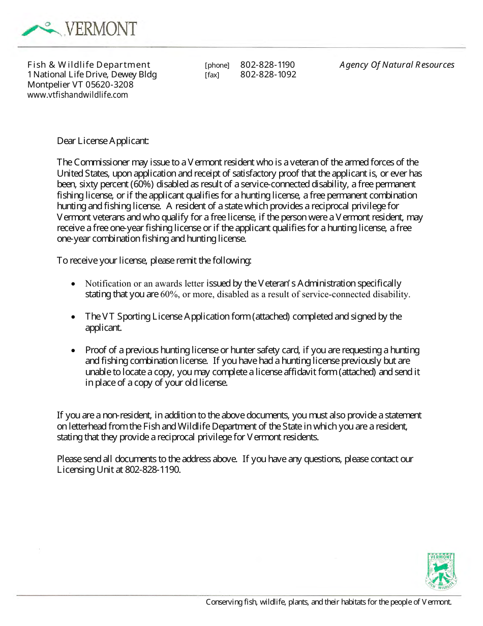 Vermont Veteran Free License Reciprocal Privilege Letter and ...