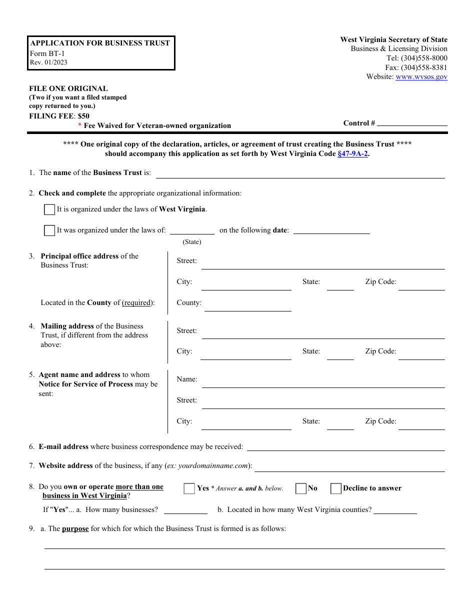Form BT-1 - Fill Out, Sign Online and Download Fillable PDF, West ...
