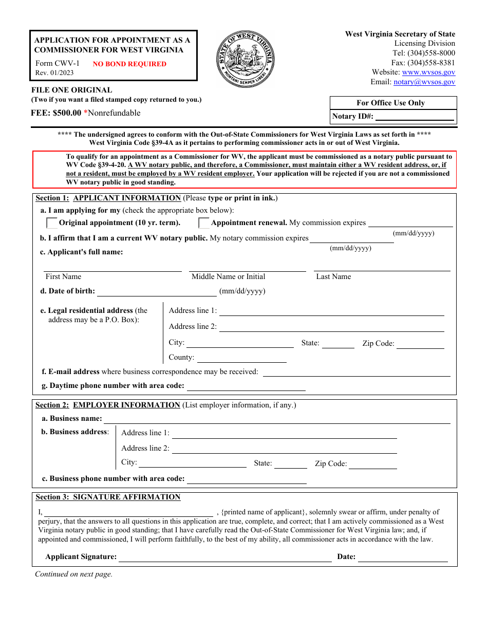 Form CWV-1 - Fill Out, Sign Online and Download Fillable PDF, West ...