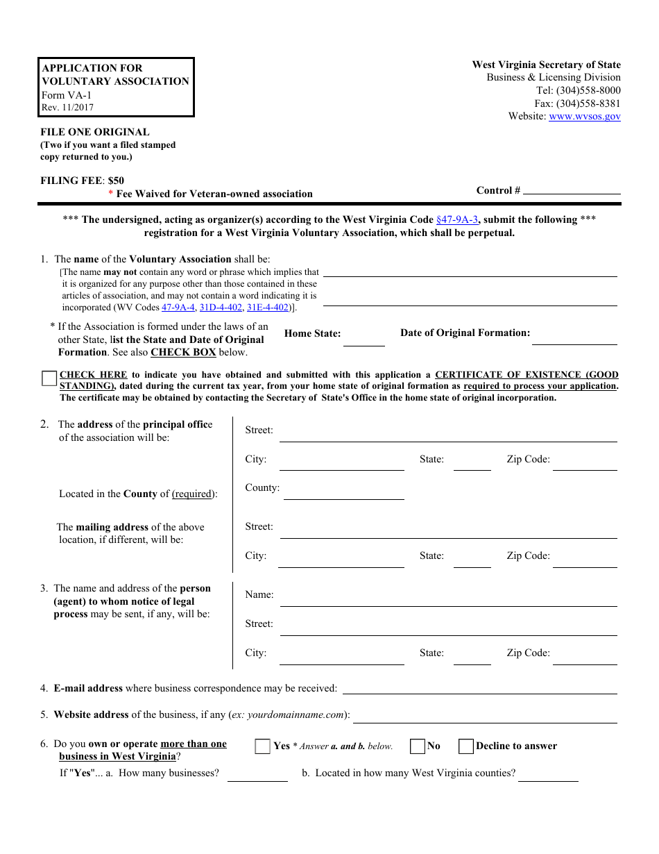Form VA-1 - Fill Out, Sign Online and Download Fillable PDF, West ...