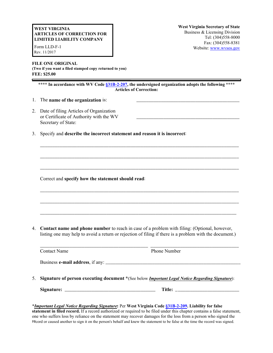 Form LLD-F-1 - Fill Out, Sign Online and Download Fillable PDF, West Virginia | Templateroller