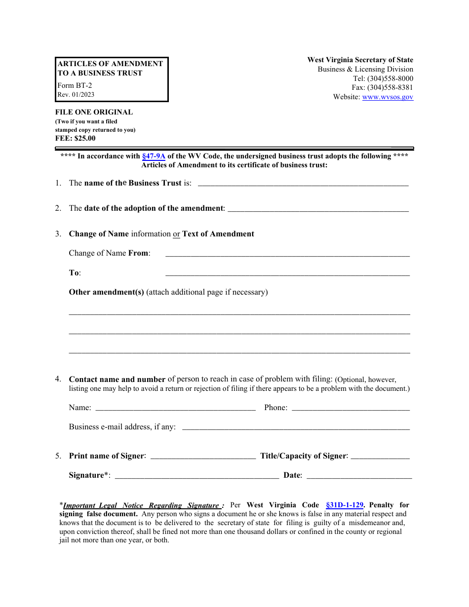 Form BT-2 - Fill Out, Sign Online and Download Fillable PDF, West ...