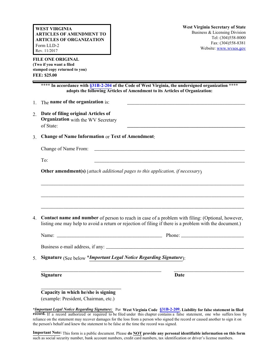 Form LLD-2 - Fill Out, Sign Online and Download Fillable PDF, West ...