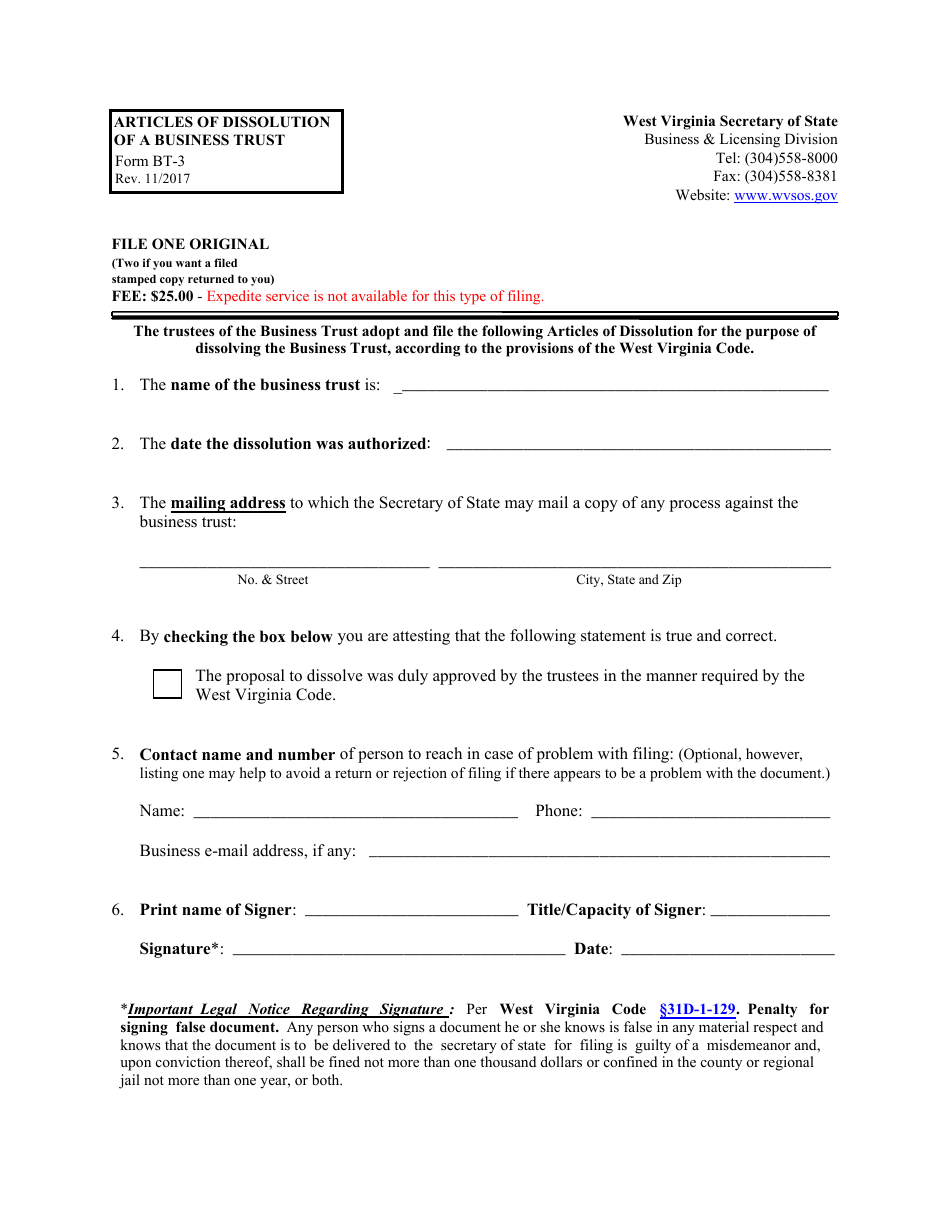 Form BT-3 - Fill Out, Sign Online and Download Fillable PDF, West ...