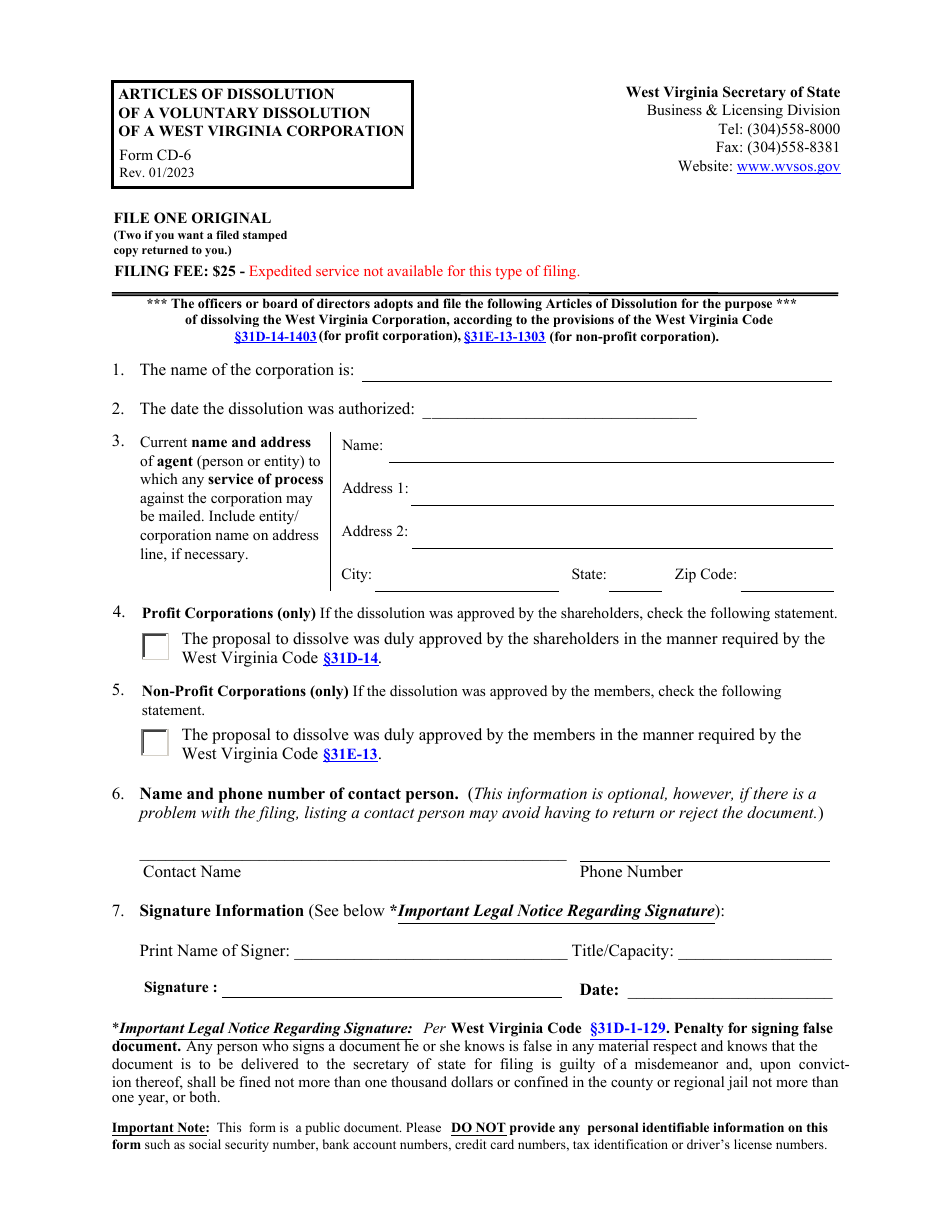 Form CD-6 - Fill Out, Sign Online and Download Fillable PDF, West ...