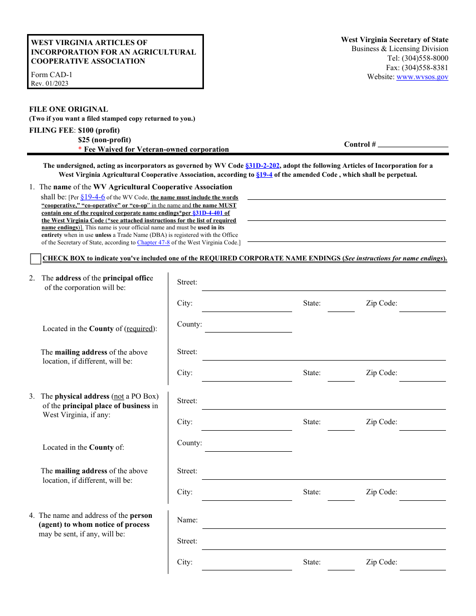 Form CAD-1 Download Fillable PDF or Fill Online West Virginia Articles ...