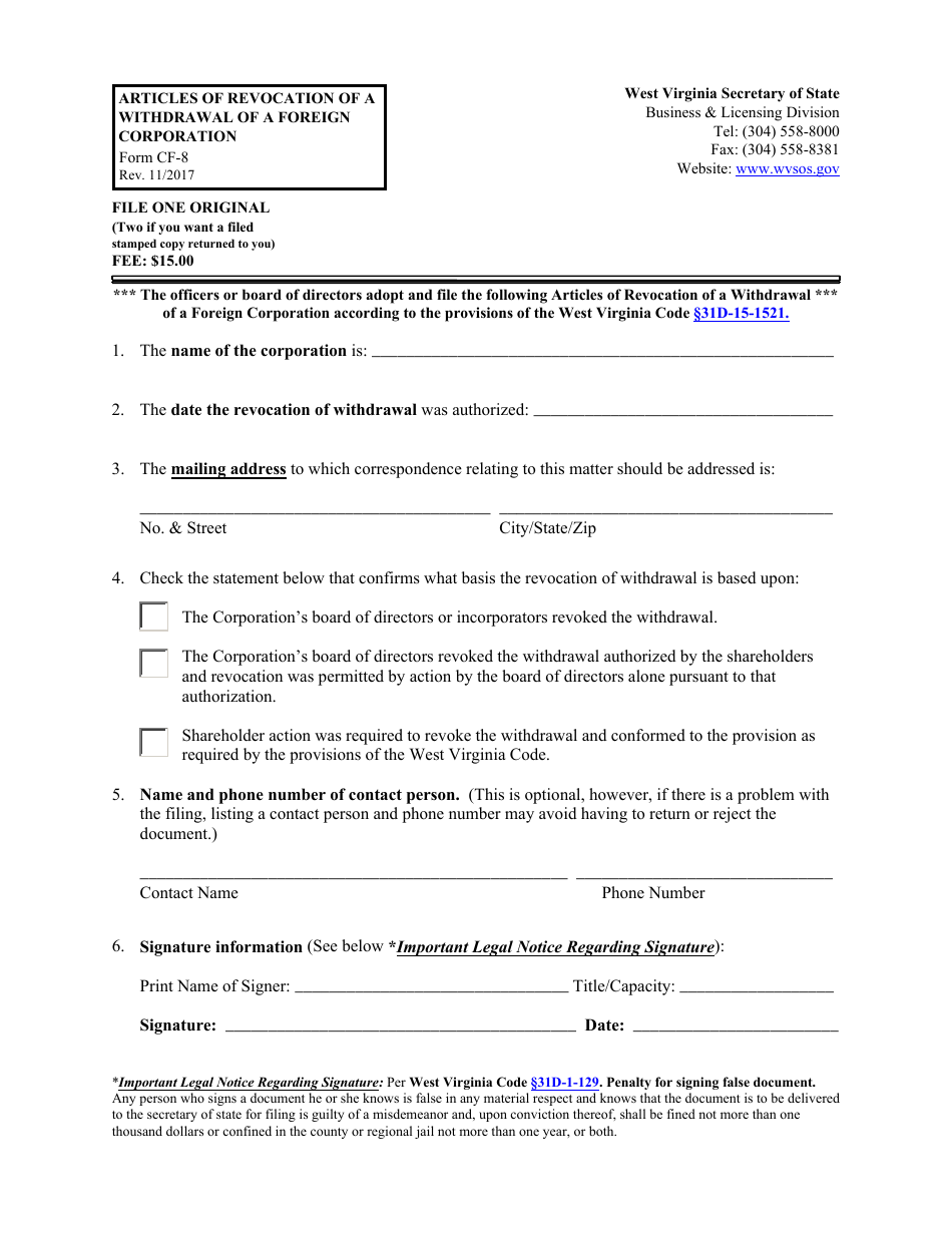 Form CF-8 - Fill Out, Sign Online and Download Fillable PDF, West ...