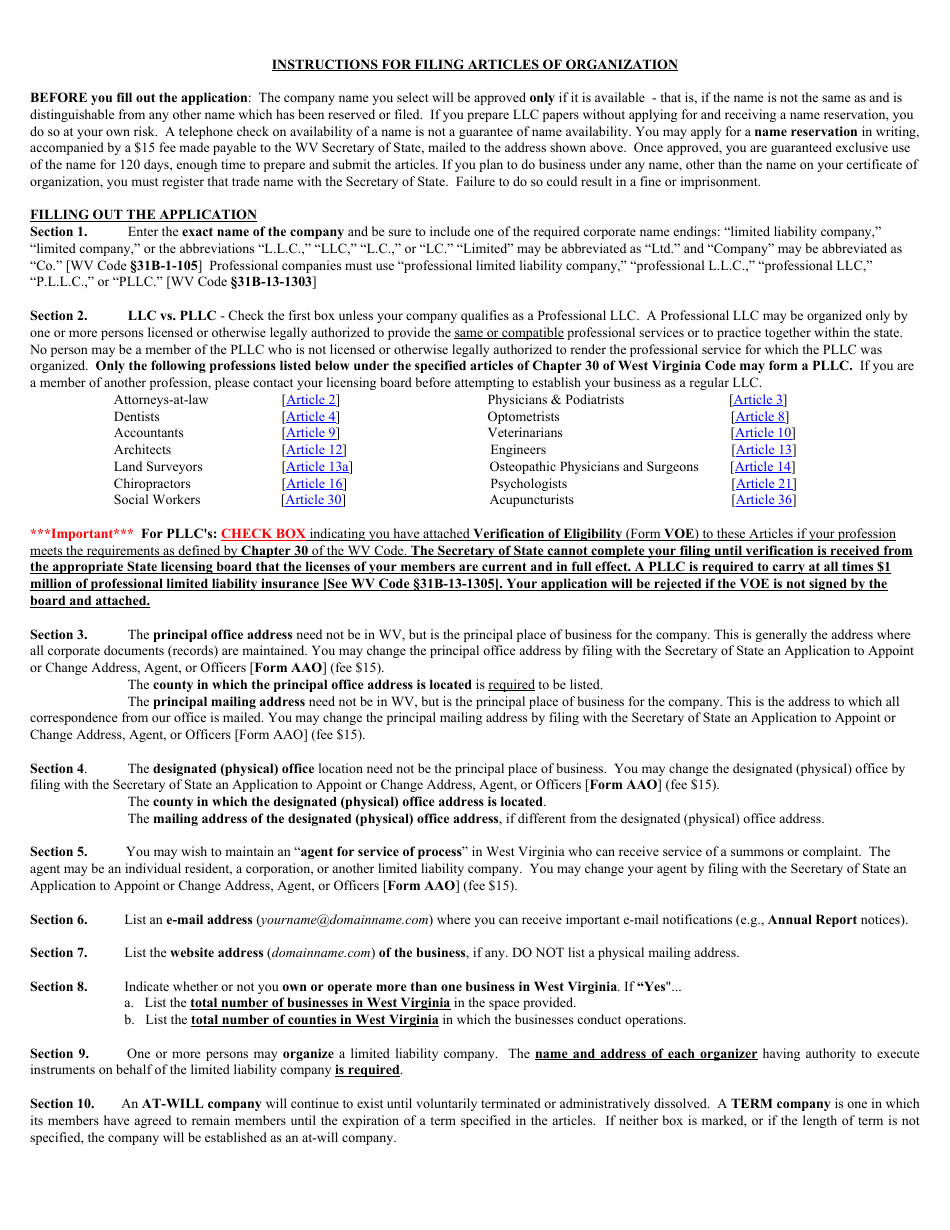 Form LLD-1 Download Fillable PDF or Fill Online West Virginia Articles of Organization of ...