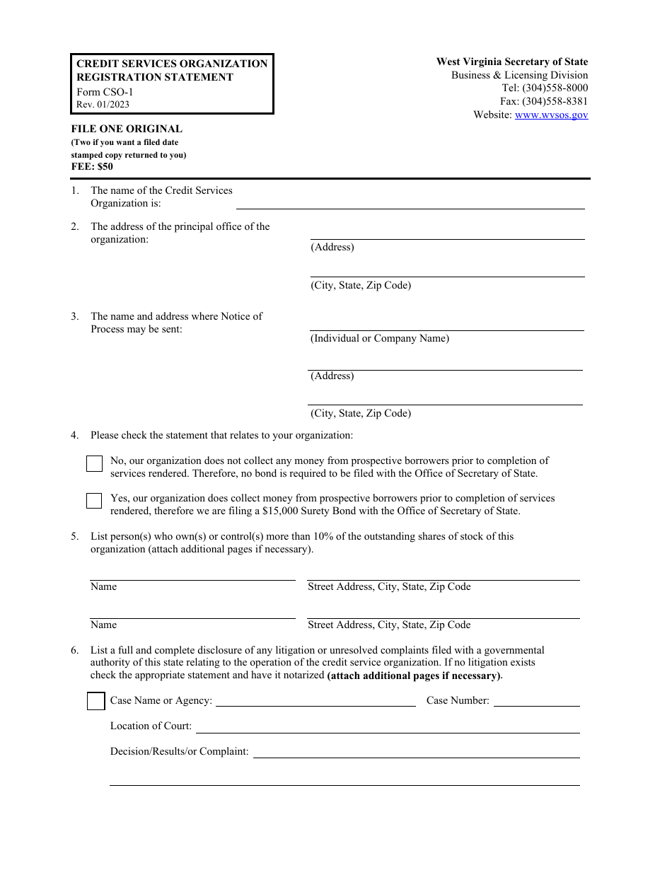 Form CSO-1 - Fill Out, Sign Online and Download Fillable PDF, West ...