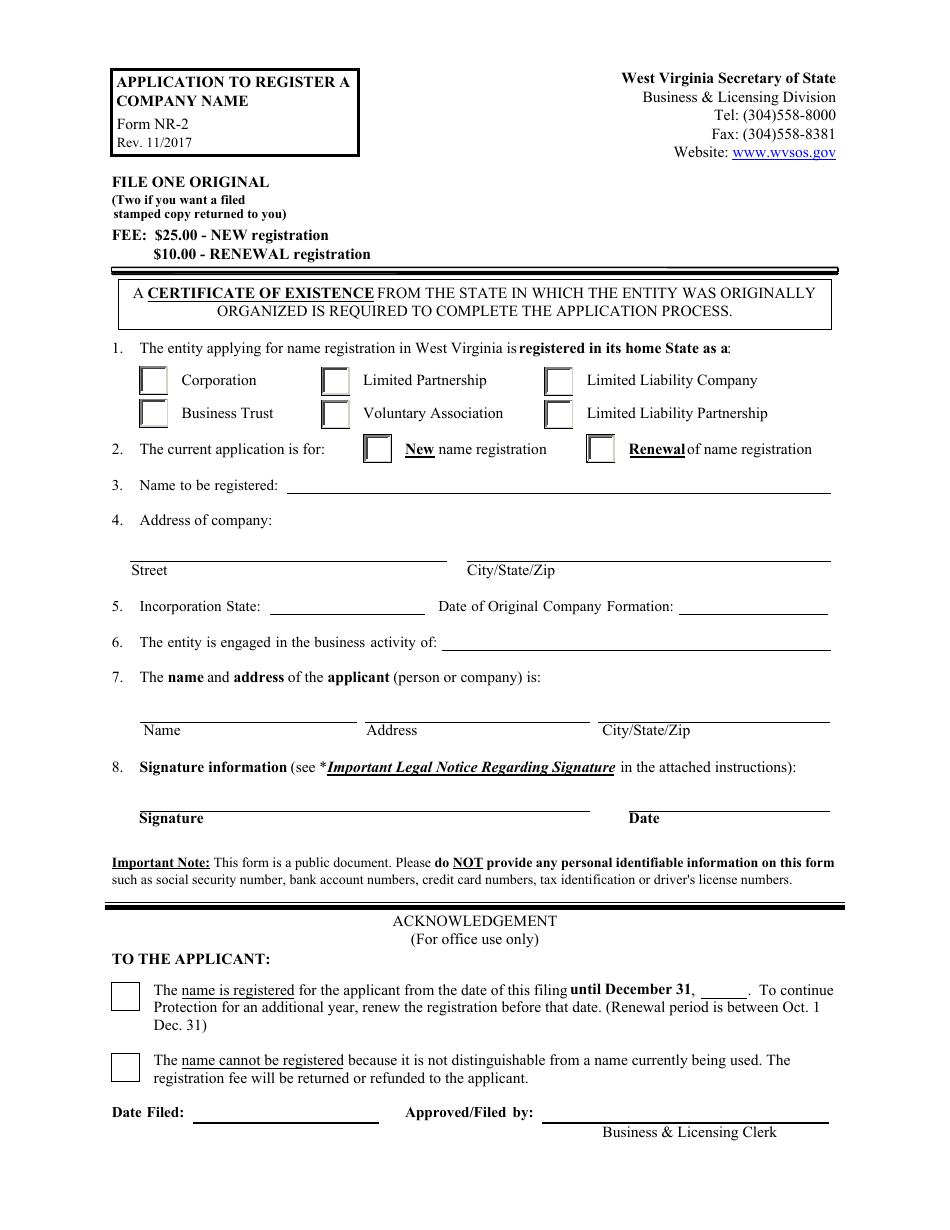 Form NR-2 - Fill Out, Sign Online and Download Fillable PDF, West ...