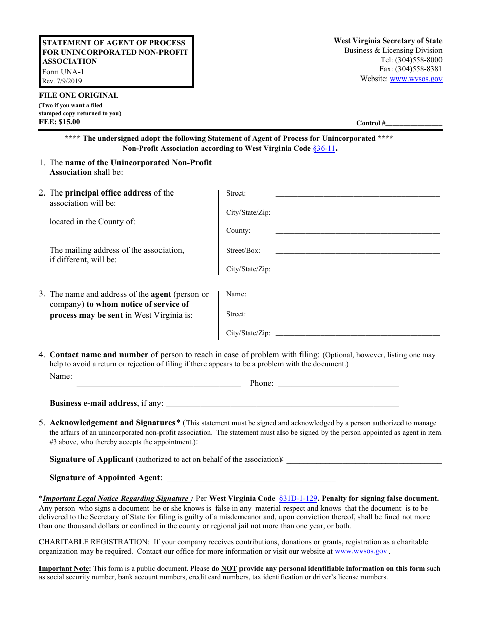Form UNA-1 - Fill Out, Sign Online and Download Fillable PDF, West ...