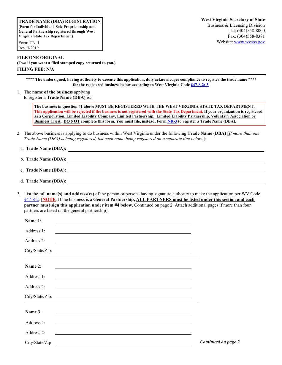 Form TN-1 - Fill Out, Sign Online and Download Fillable PDF, West ...