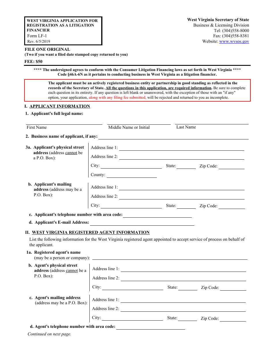 Form LF-1 - Fill Out, Sign Online and Download Fillable PDF, West ...
