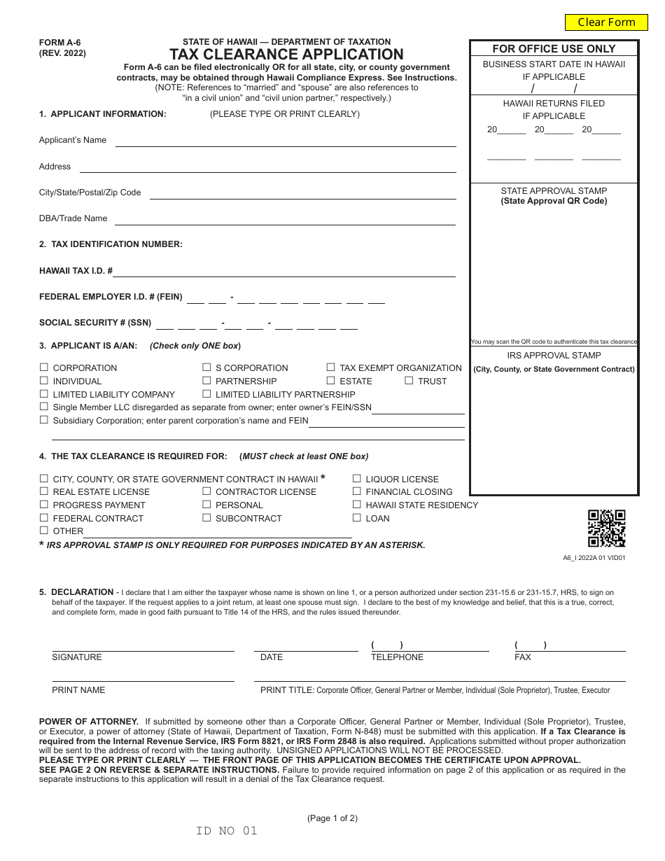 Form A-6 Download Fillable PDF or Fill Online Tax Clearance Application, Hawaii 2017 — 2024 ...