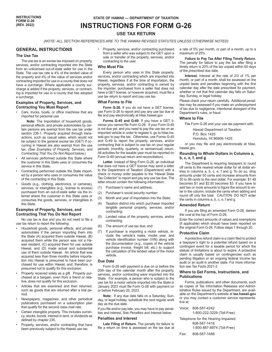 Download Instructions for Form G-26 Use Tax Return - Imports for ...