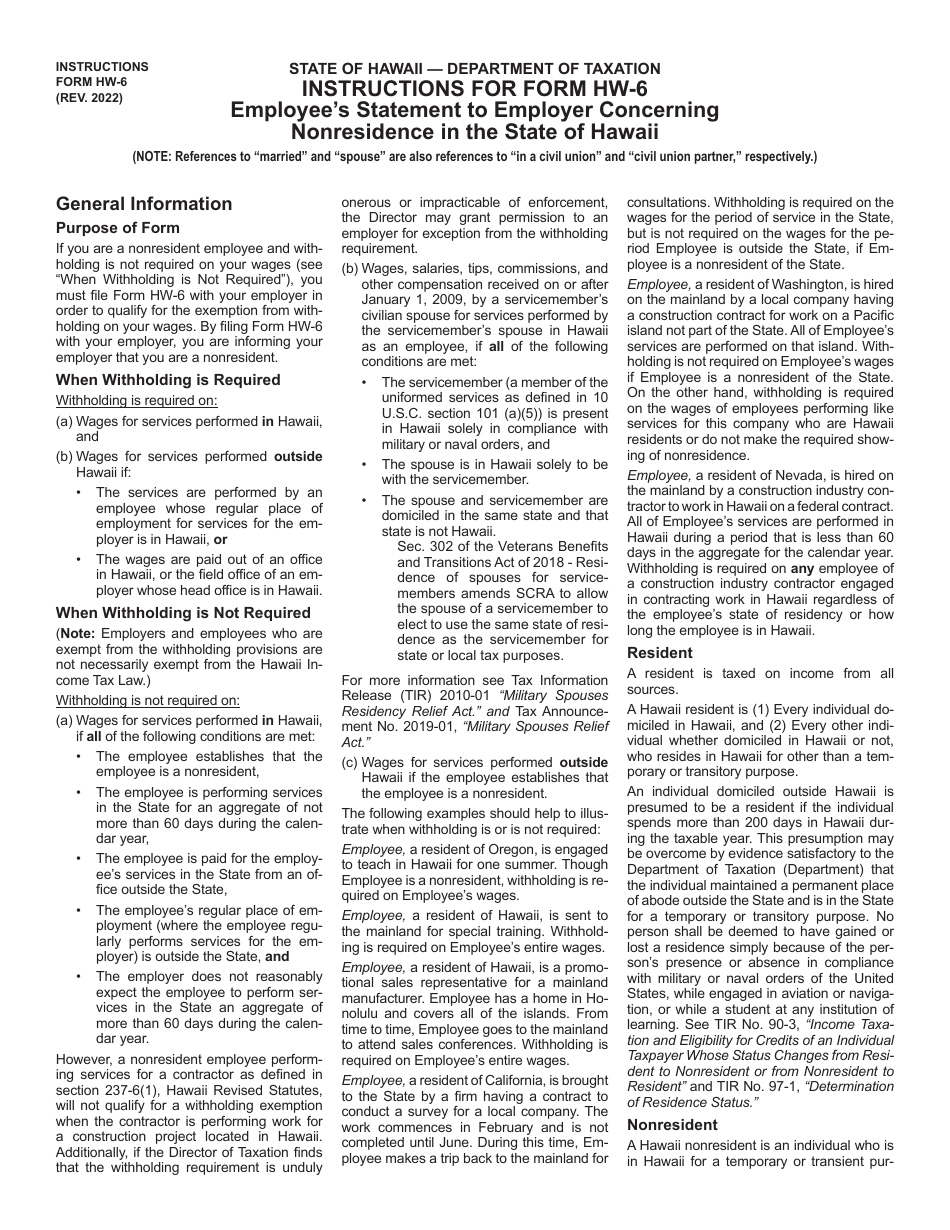 Download Instructions for Form HW-6 Employee's Statement to Employer ...