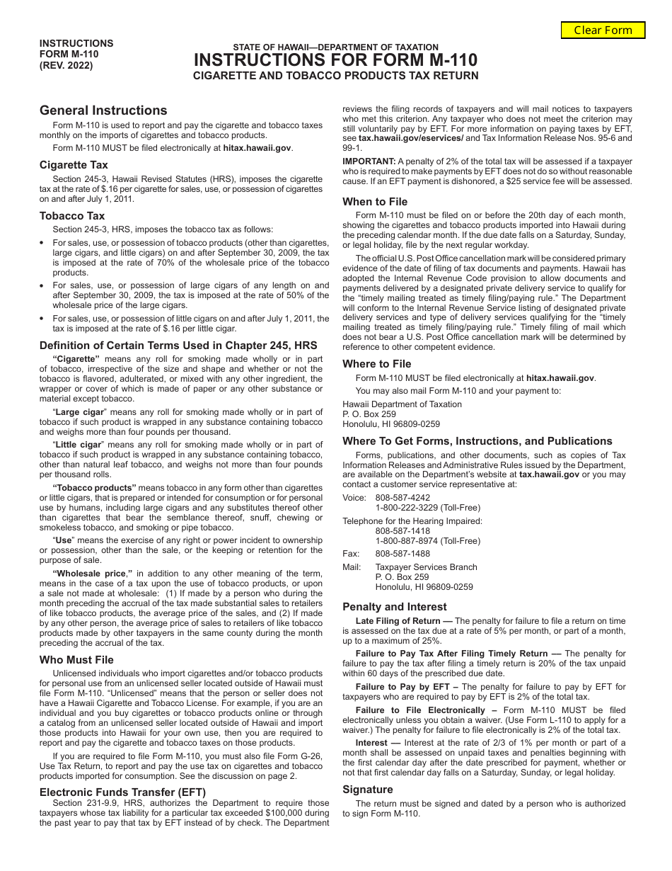 Download Instructions for Form M-110 Cigarette and Tobacco Products Tax ...