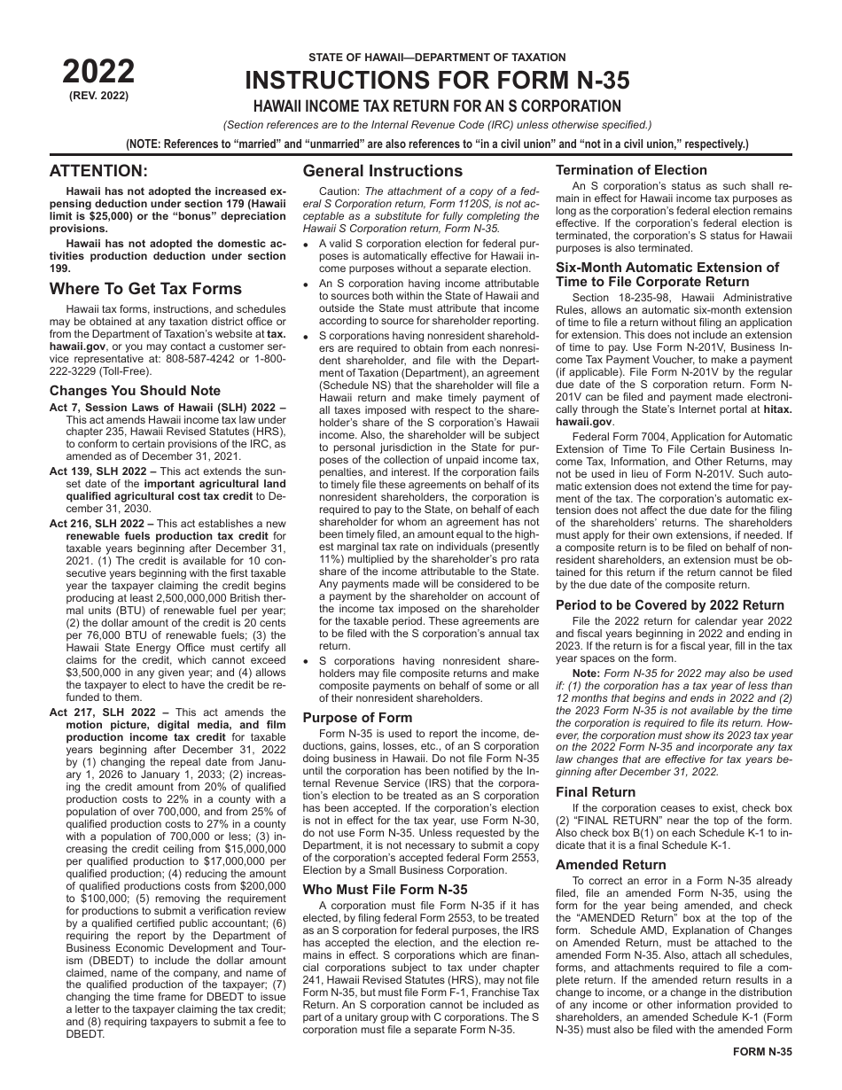 Download Instructions for Form N-35 Hawaii Income Tax Return for an S ...