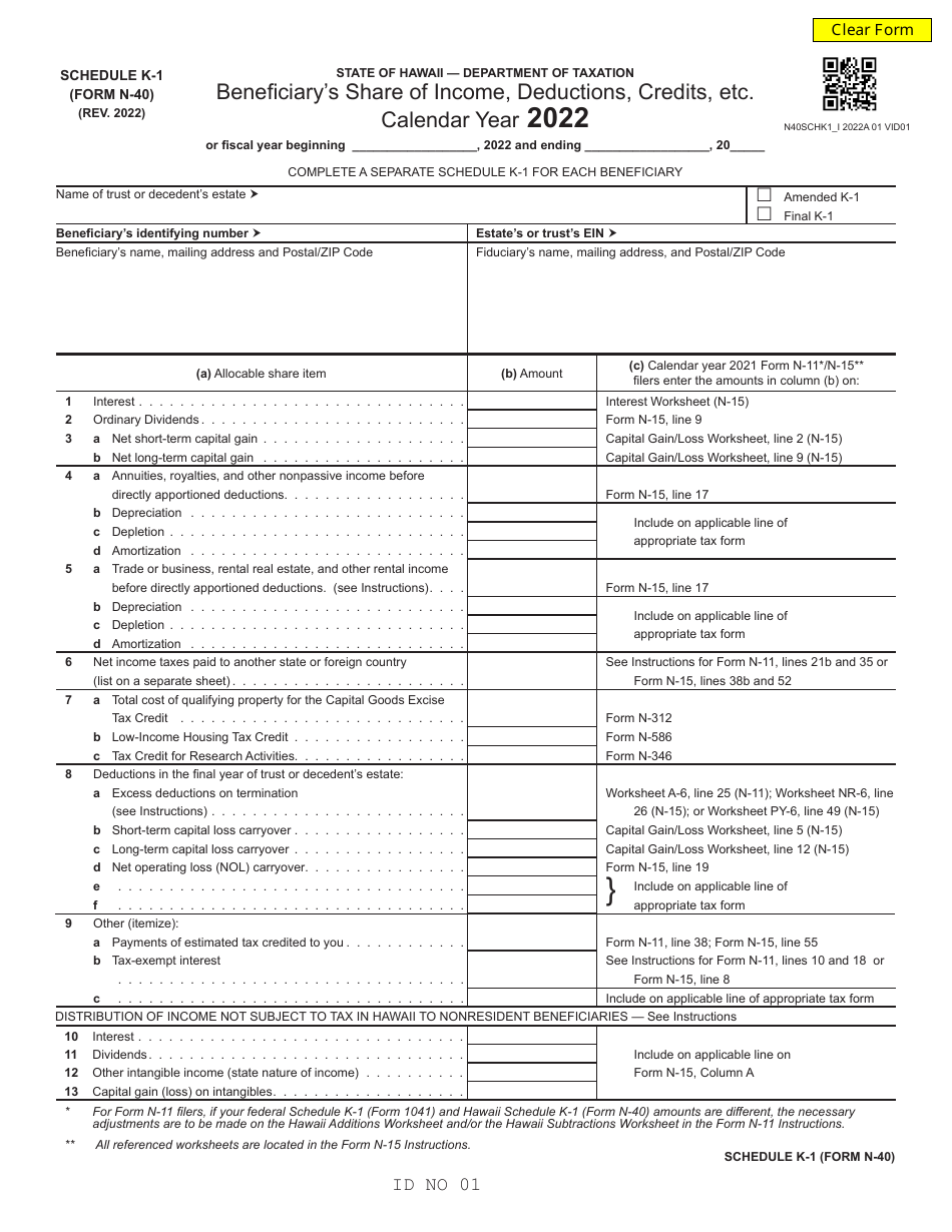 Form N-40 Schedule K-1 - 2022 - Fill Out, Sign Online and Download ...