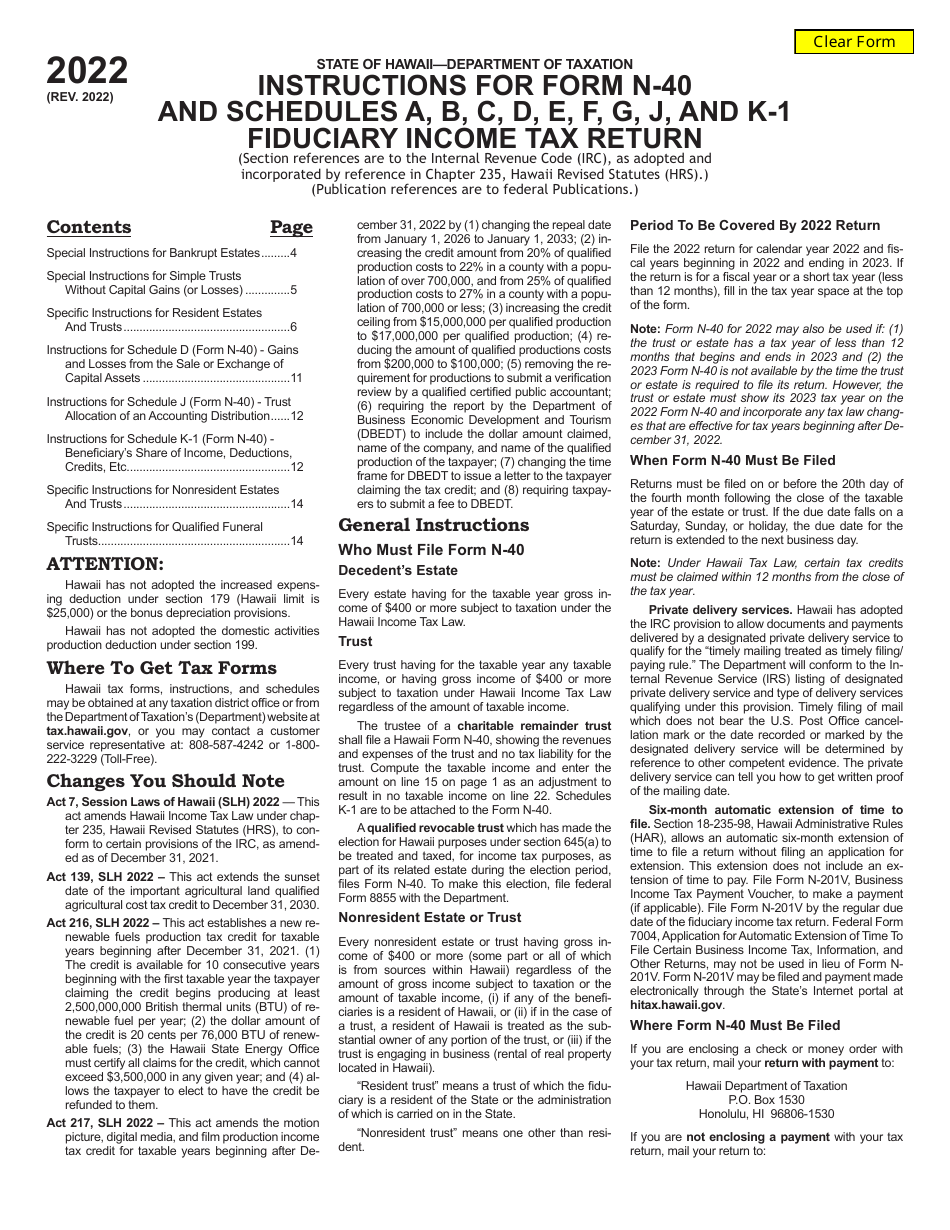 Download Instructions for Form N-40 Fiduciary Income Tax Return PDF ...