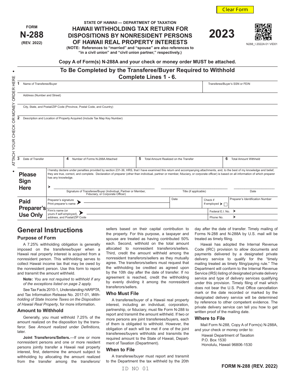 Form N-288 Download Fillable PDF or Fill Online Hawaii Withholding Tax ...