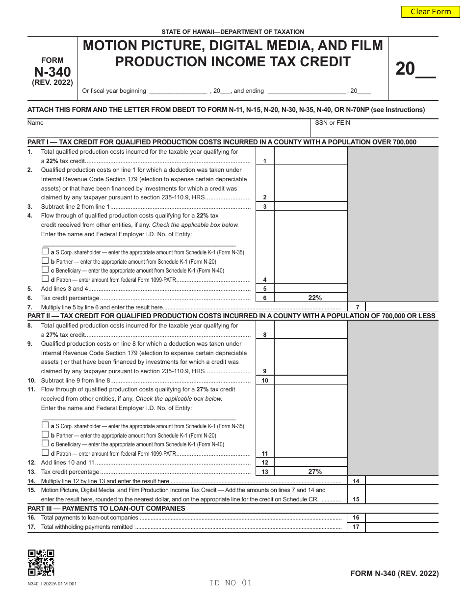 Form N-340 Download Fillable PDF or Fill Online Motion Picture, Digital ...