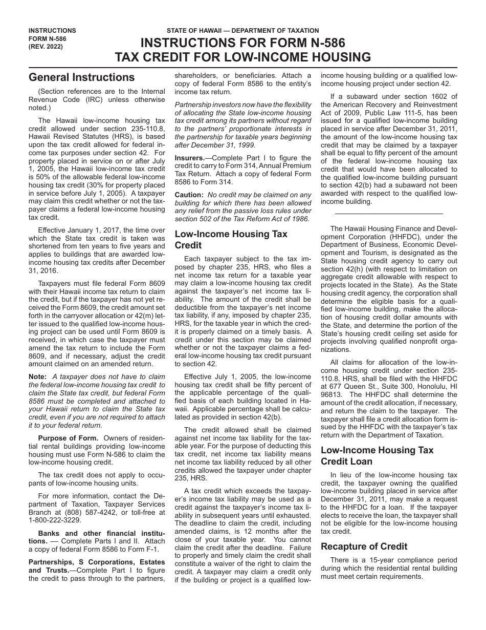 Download Instructions for Form N-586 Tax Credit for Low-Income Housing ...