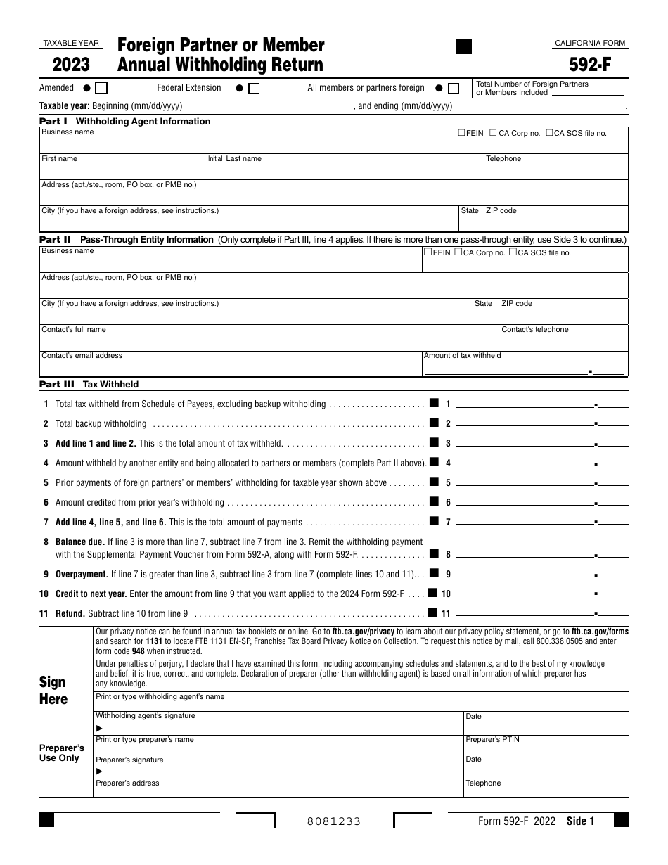 Form 592 F Download Fillable PDF Or Fill Online Foreign Partner Or
