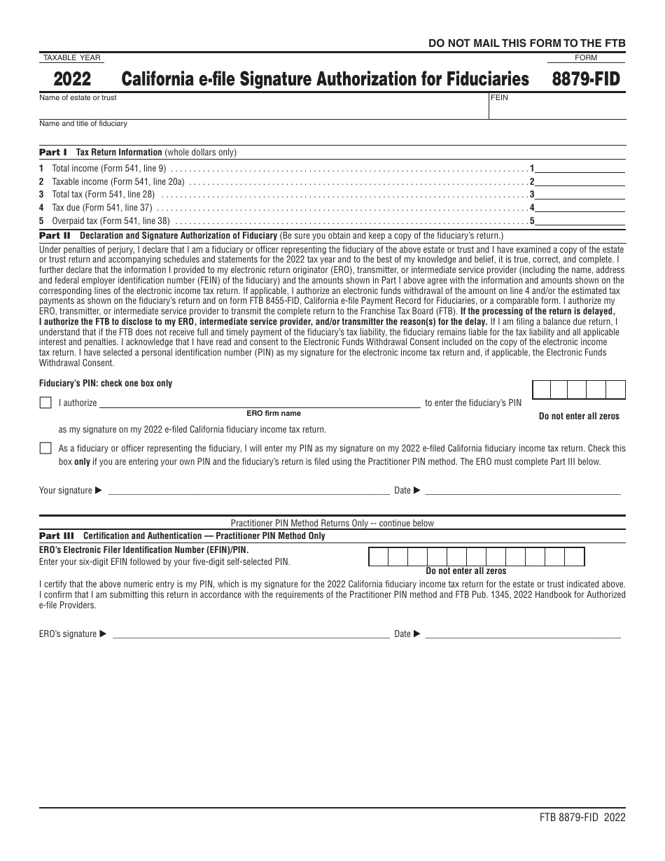 Form FTB8879-FID Download Fillable PDF or Fill Online California E-File Signature Authorization ...