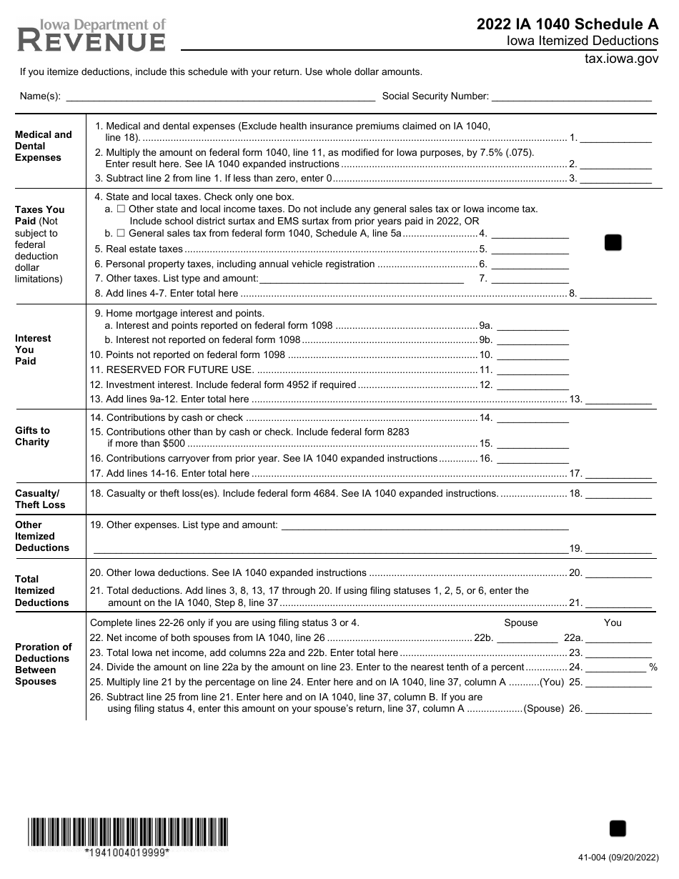 Form IA1040 (41-004) Schedule A - 2022 - Fill Out, Sign Online and Download Fillable PDF, Iowa ...