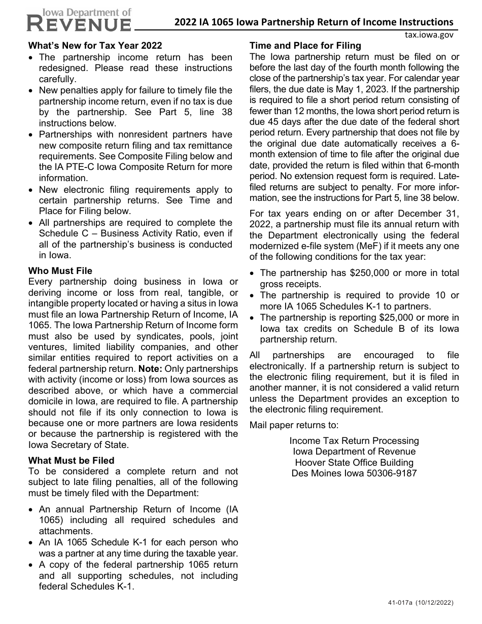 Download Instructions for Form IA1065, 41-016, 41-018 Schedule K-1 PDF ...