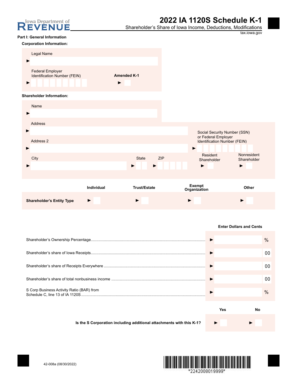 Form IA1120S (42-008) Schedule K-1 - 2022 - Fill Out, Sign Online and Download Fillable PDF ...