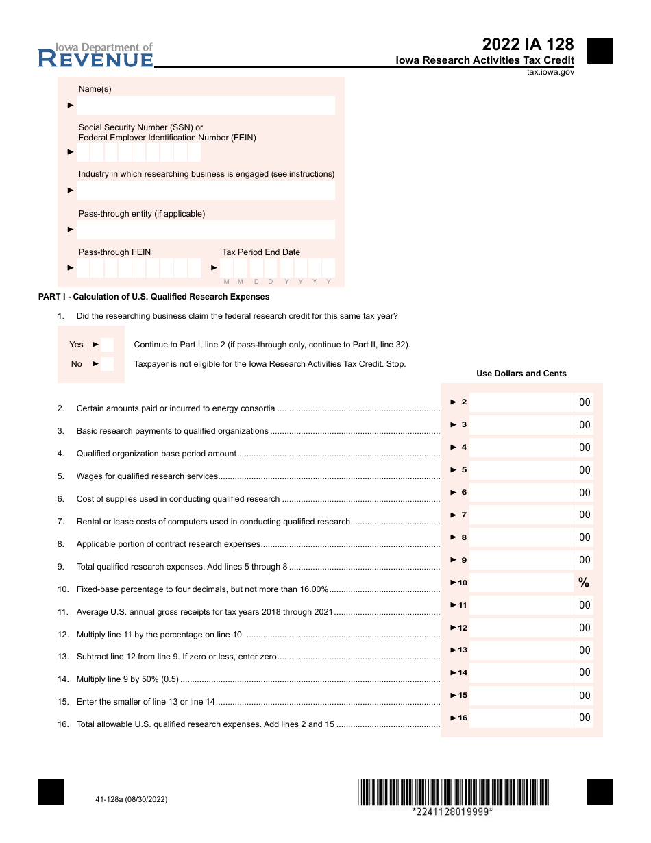 Form IA128 (41-128) Download Fillable PDF or Fill Online Iowa Research ...