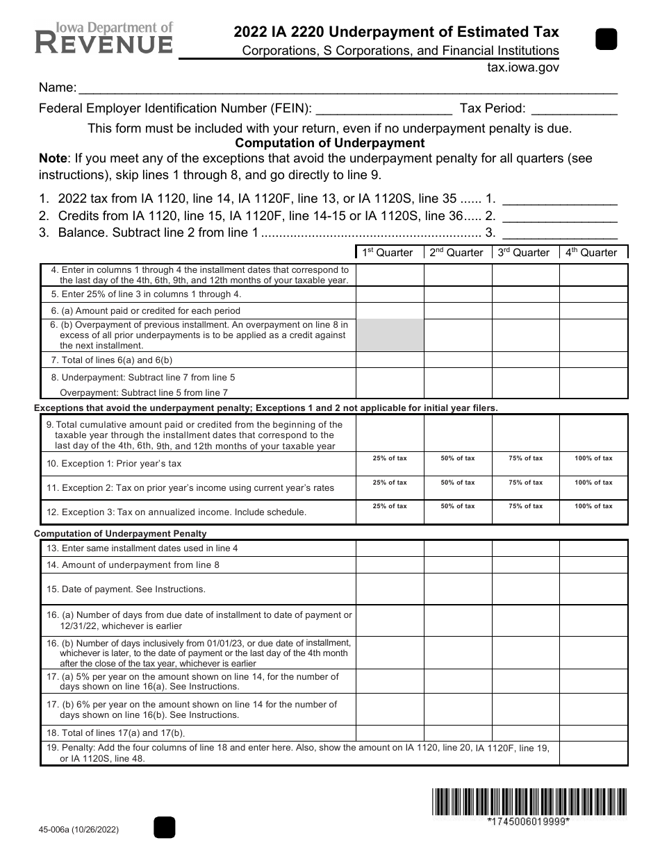 Form IA2220 (45-006) Download Fillable PDF or Fill Online Underpayment of Estimated Tax ...
