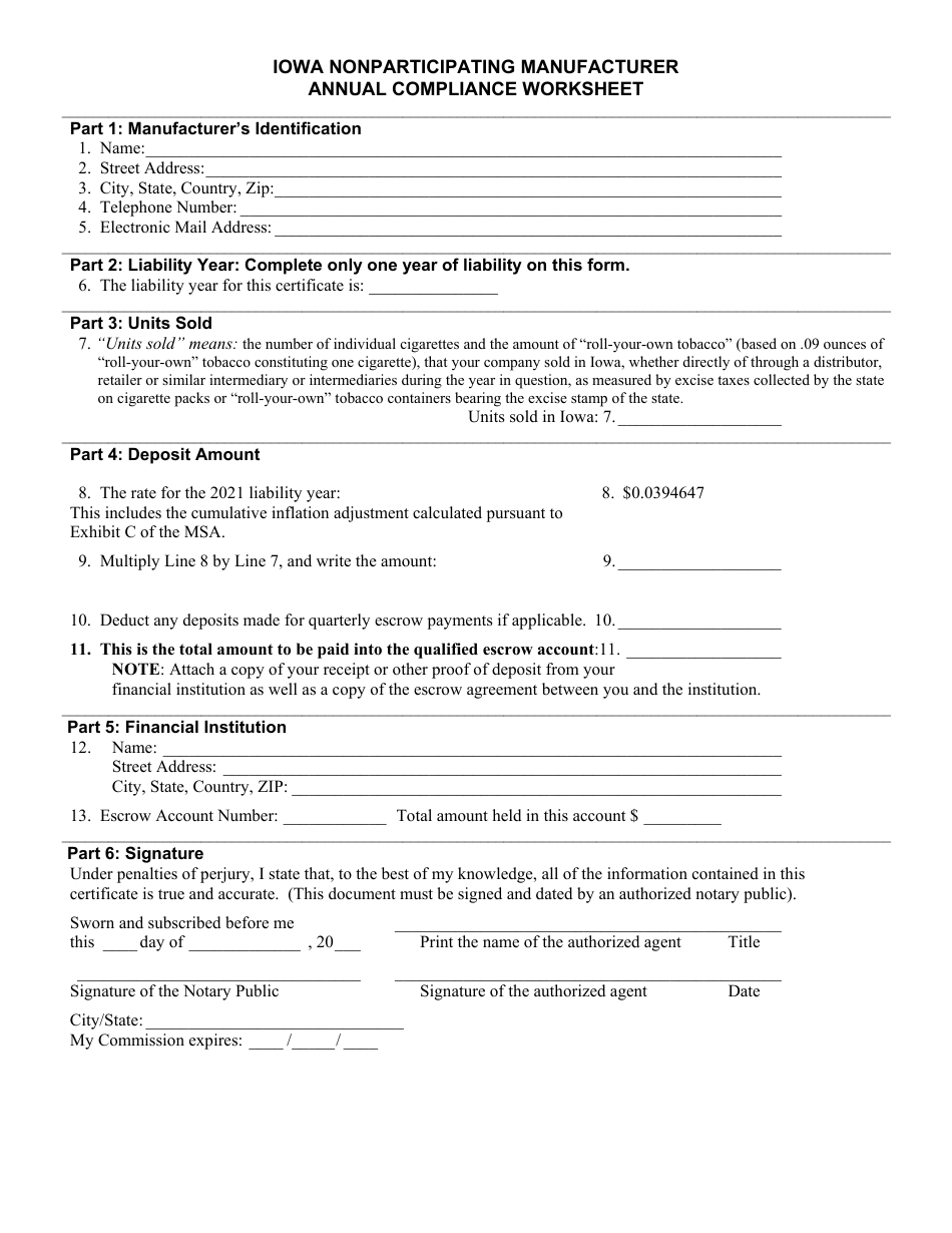 Iowa Nonparticipating Manufacturer Annual Compliance Worksheet - Fill ...
