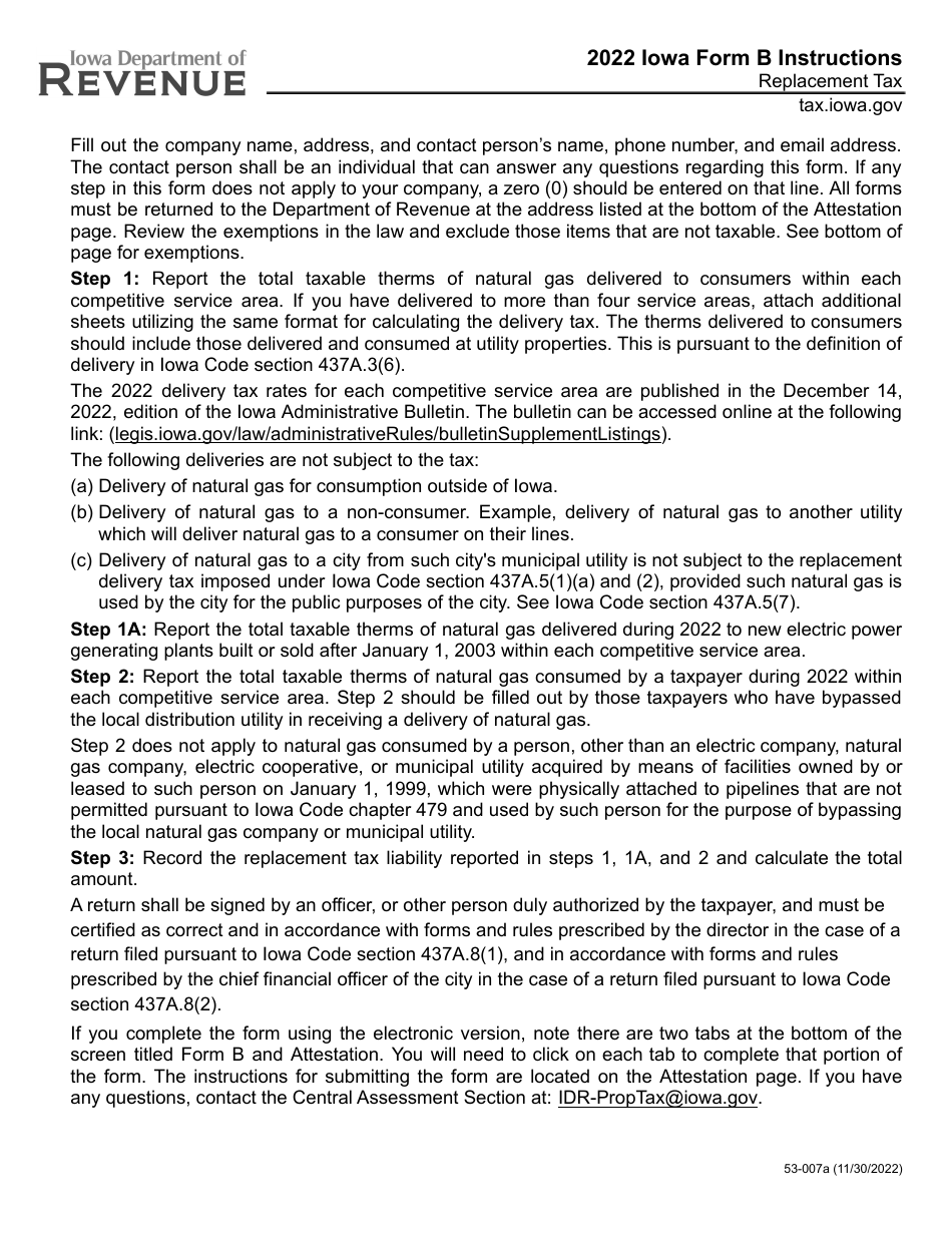 Download Instructions for Form B, 53-006 Iowa Replacement Tax Form ...