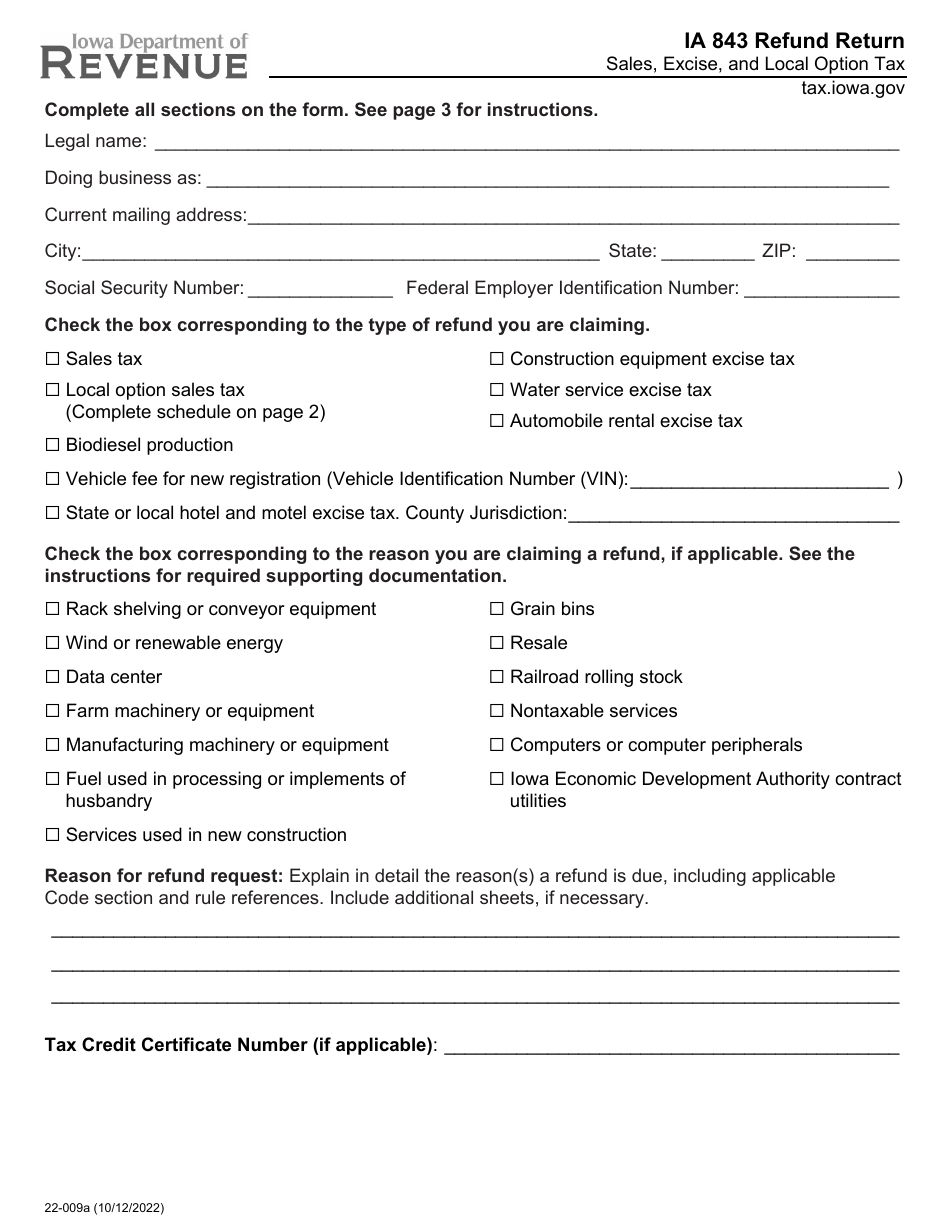 Form IA843 (22-009) - Fill Out, Sign Online and Download Fillable PDF ...