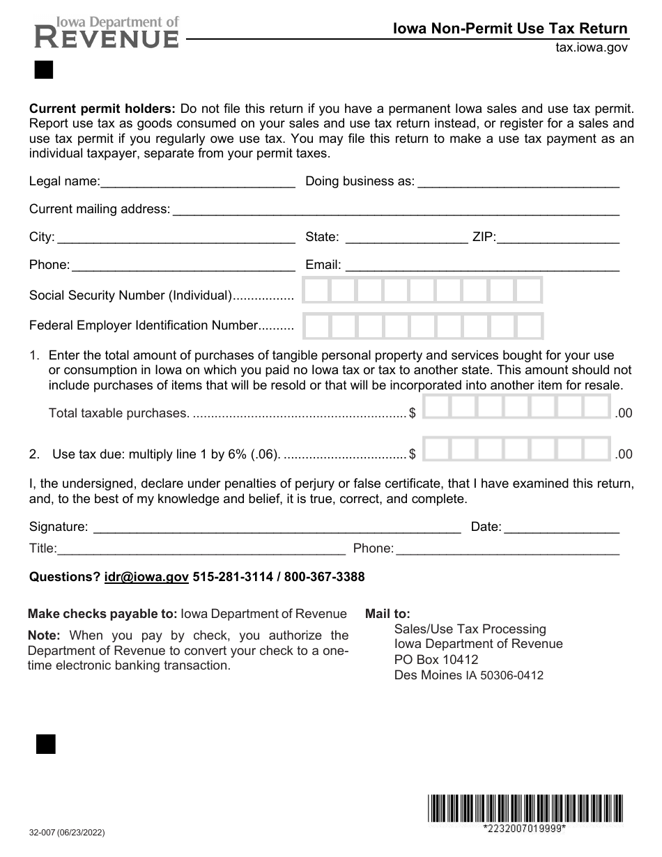 Form 32-007 Download Fillable PDF or Fill Online Iowa Non-permit Use ...