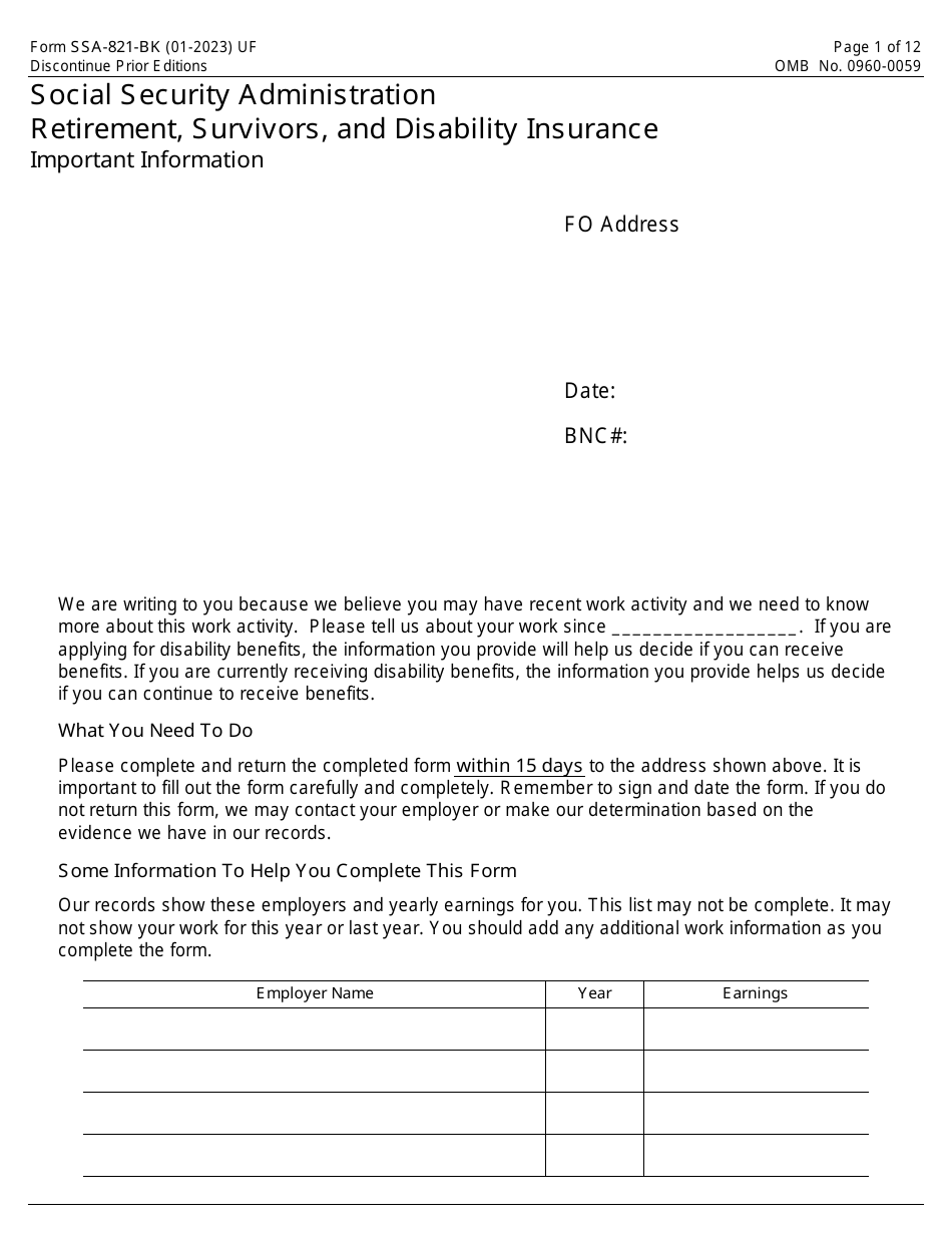 Form SSA-821-BK Download Fillable PDF or Fill Online Work Activity ...