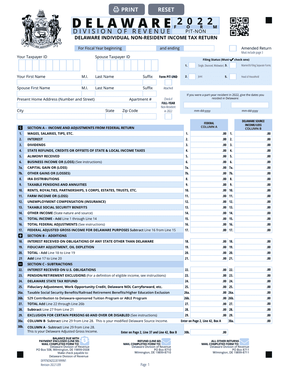Form PIT-NON Download Fillable PDF or Fill Online Delaware Individual ...