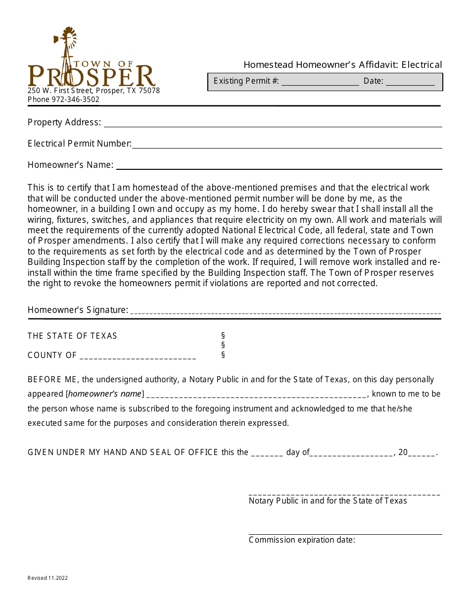 Town of Prosper, Texas Homestead Homeowner's Affidavit - Electrical ...