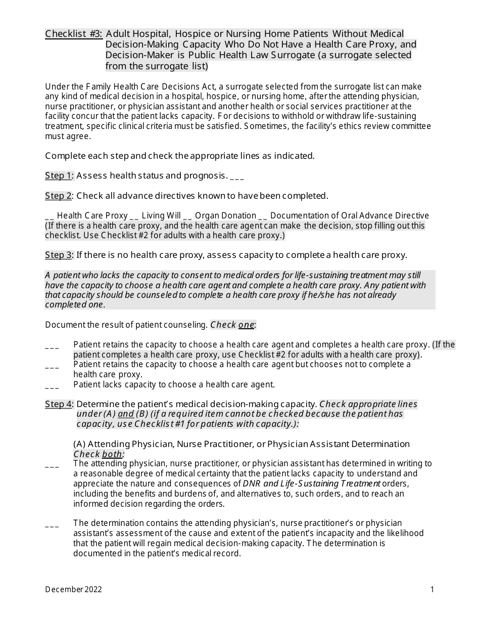New York Checklist #3: Adult Hospital, Hospice or Nursing Home Patients ...