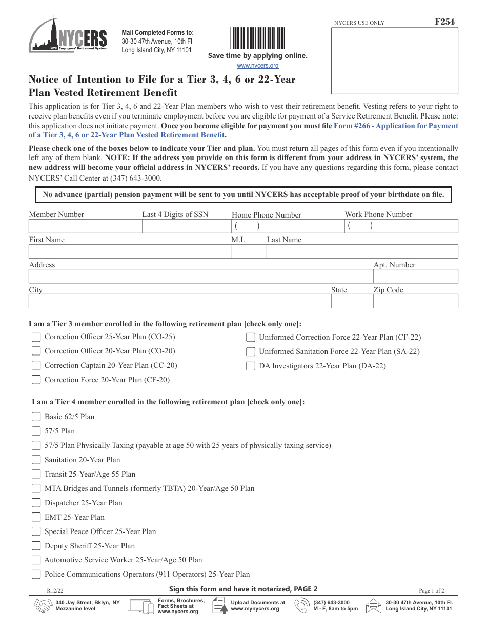 Form F254 Download Printable PDF or Fill Online Notice of Intention to ...